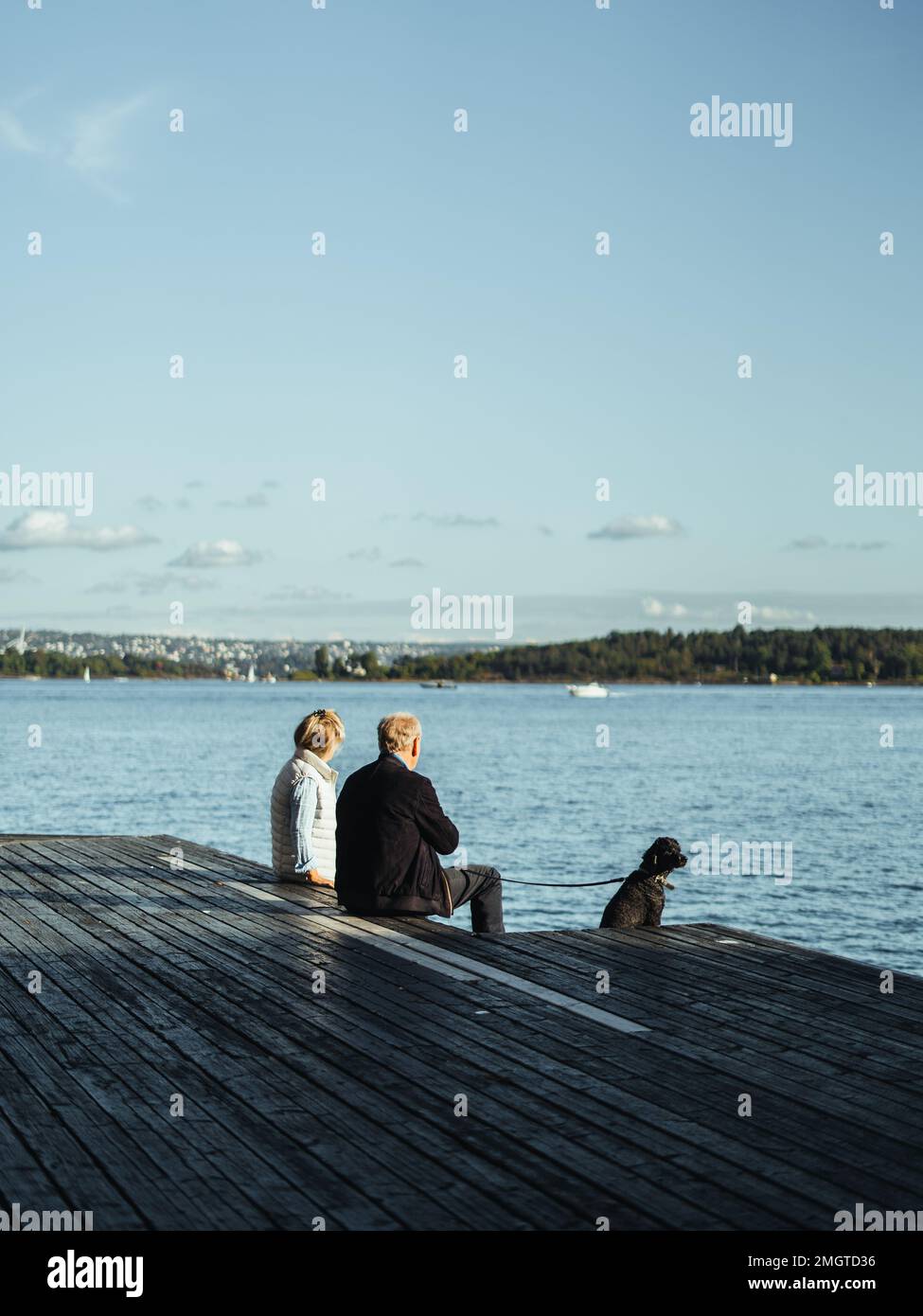 A senior couple with their dog sitting on the wooden dock over the lake ...