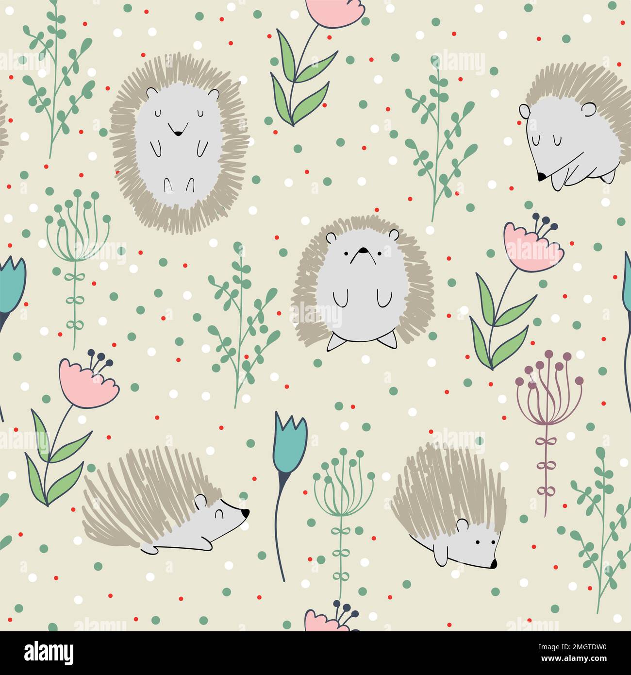 Vector hand drawn seamless pattern with cute hedgehogs Stock Vector ...
