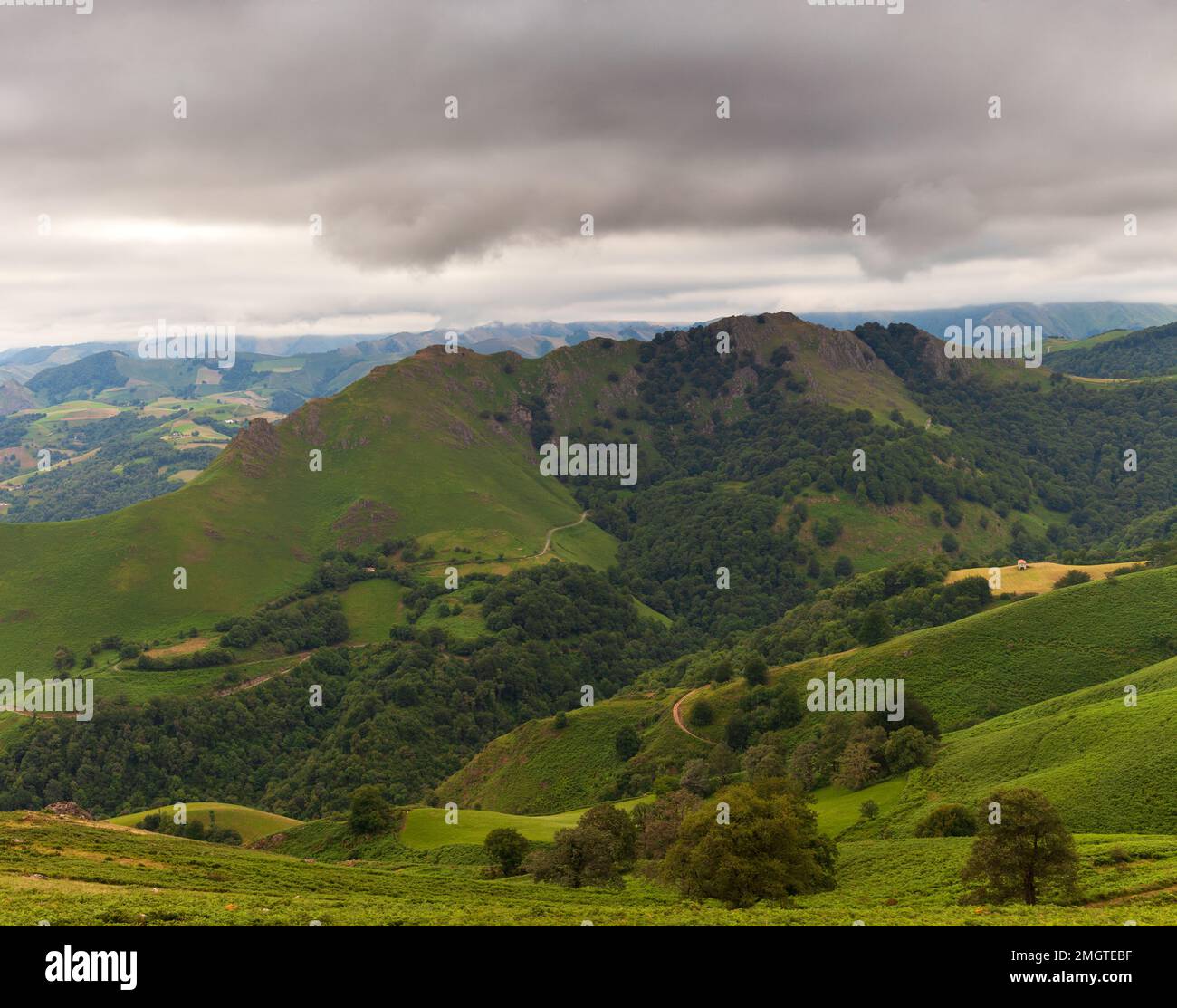 Mountain landscape, green valley along the Way of Saint James in the ...