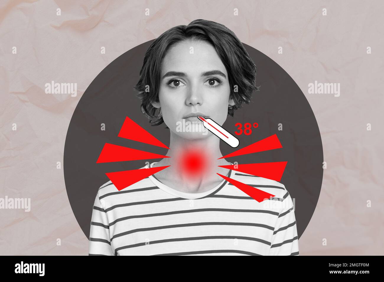 Creative collage image of black white effect sick girl hold thermometer mouth throat pain ...