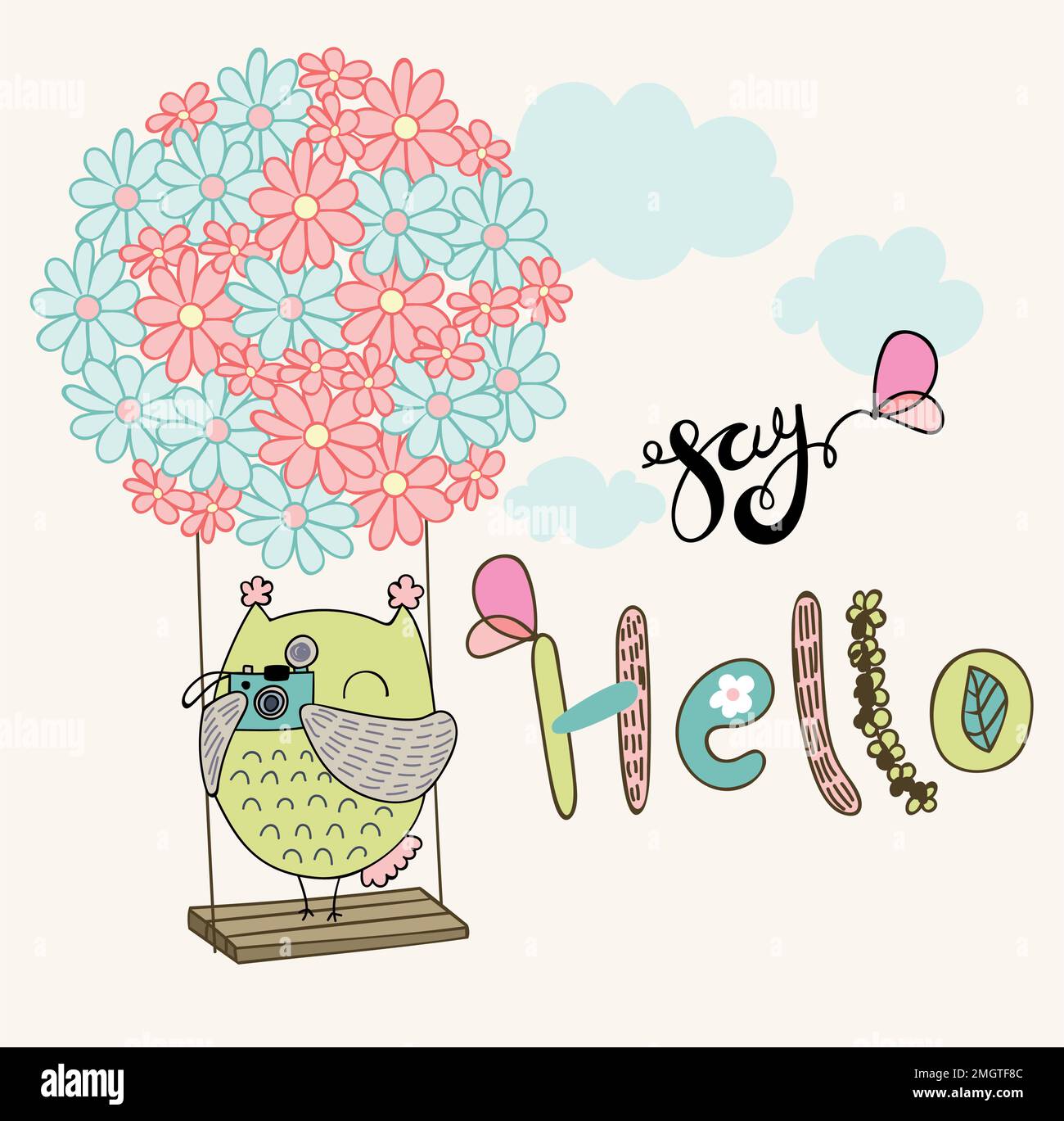 Card with cartoon owl on a flower swing in the clouds. Say hello Stock ...