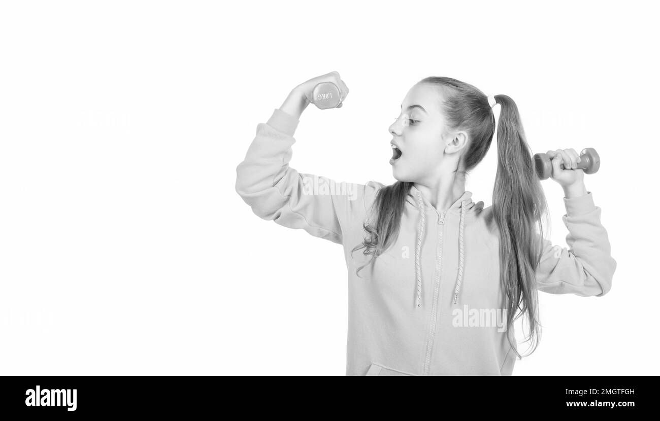 happy strong kid training with barbells isolated on white copy space ...
