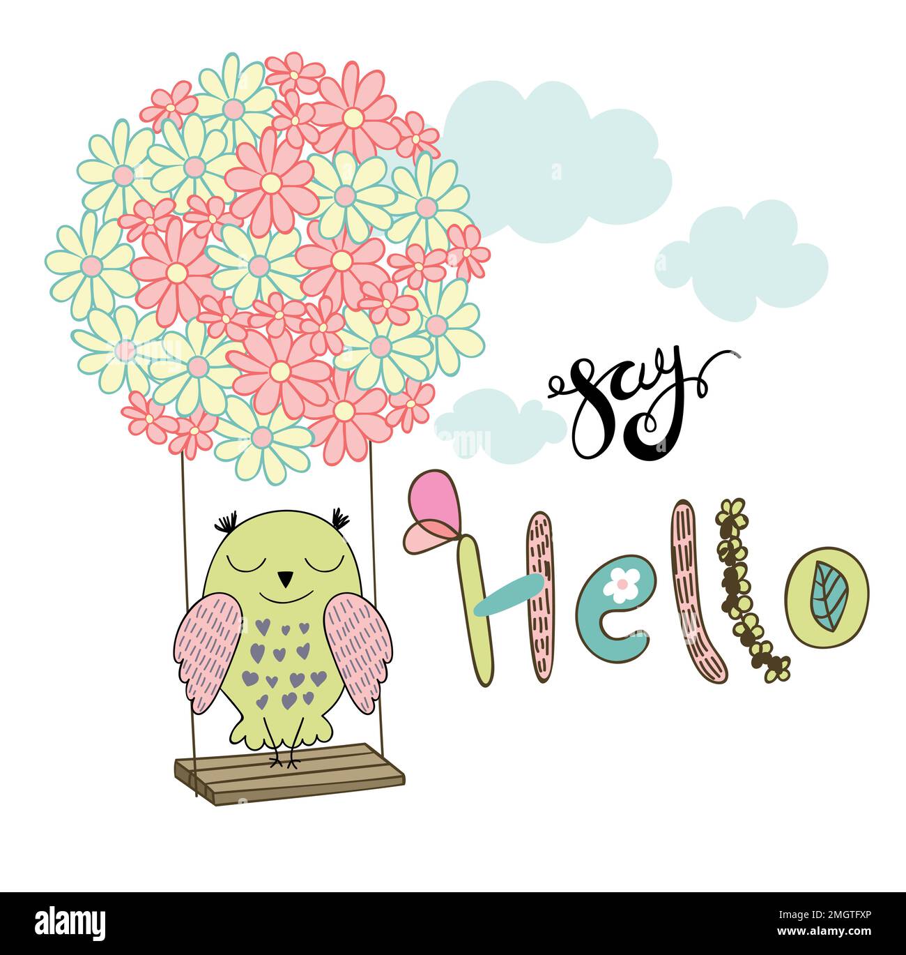 Card with cartoon owl on a flower swing in the clouds. Say hello Stock ...