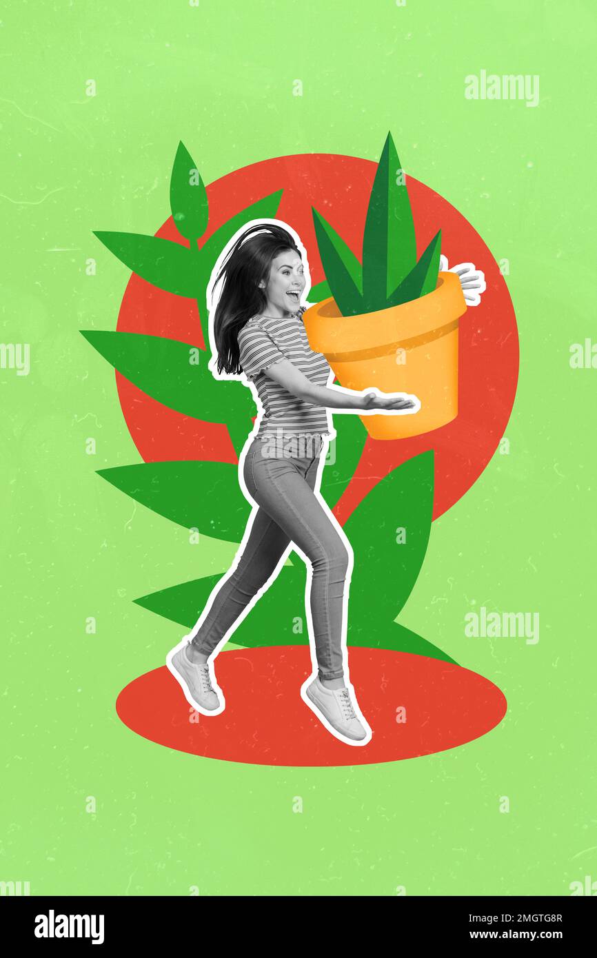 Vertical collage picture of black white gamma excited girl arms hold ...