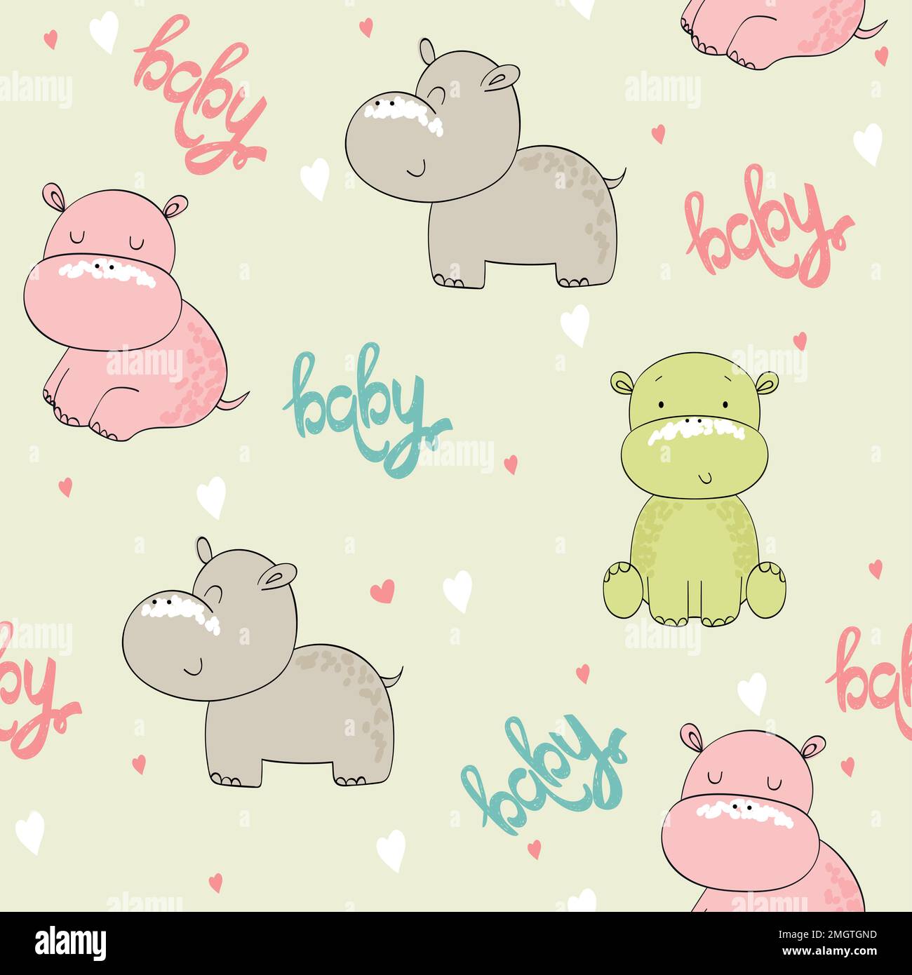 Vector Hand Drawn Seamless Pattern With Cute Hippos Stock Vector Image
