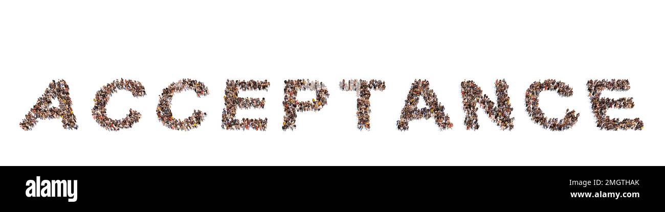 Conceptual large community of people forming the word ACCEPTANCE. 3d ...