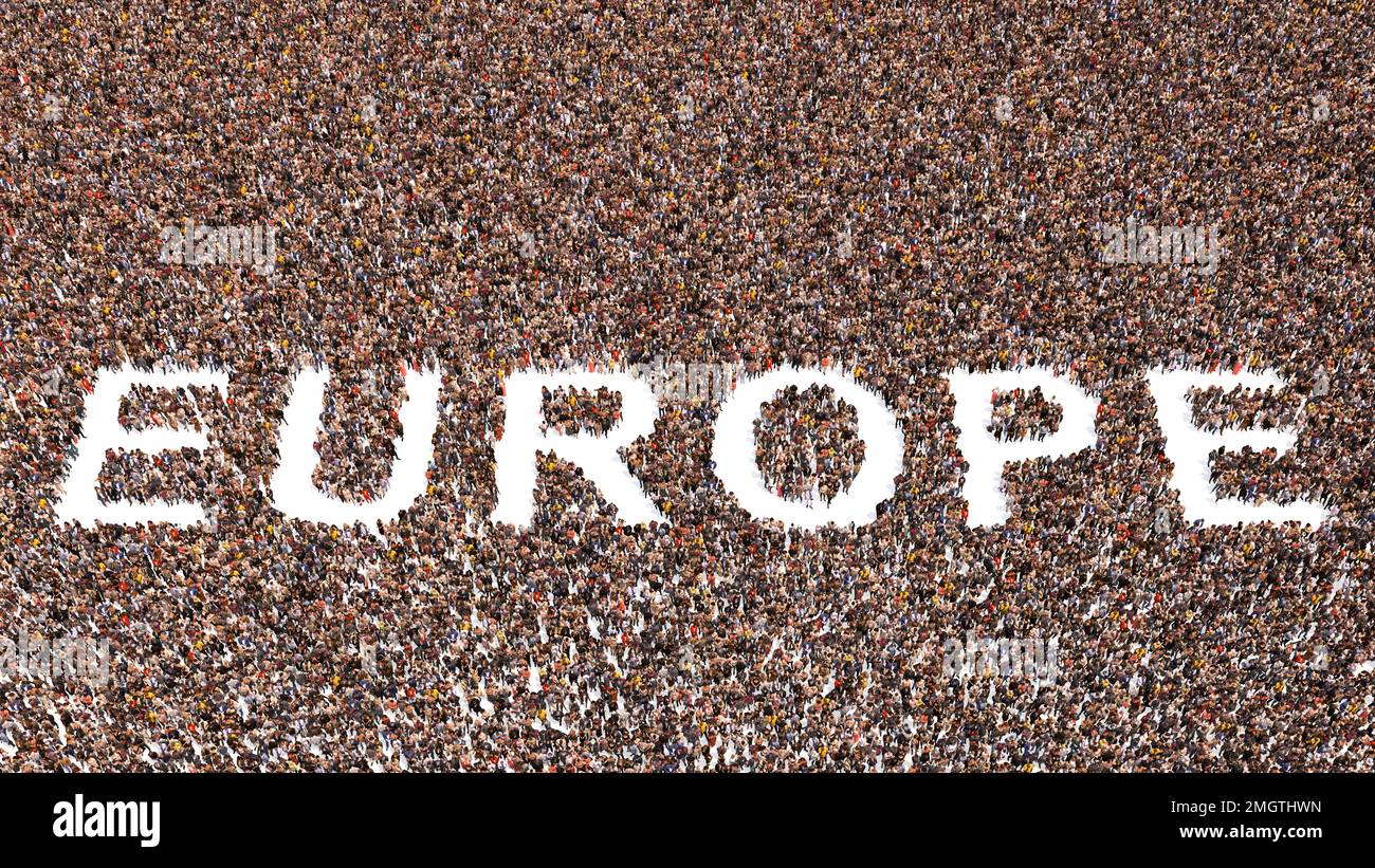 Conceptual large community of people forming EUROPE word. 3d ...
