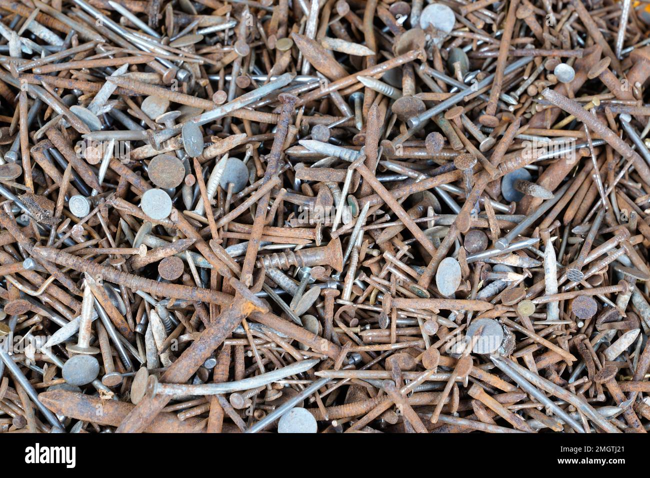 some old rusty steel and used metal nails closeup in flat lay ...