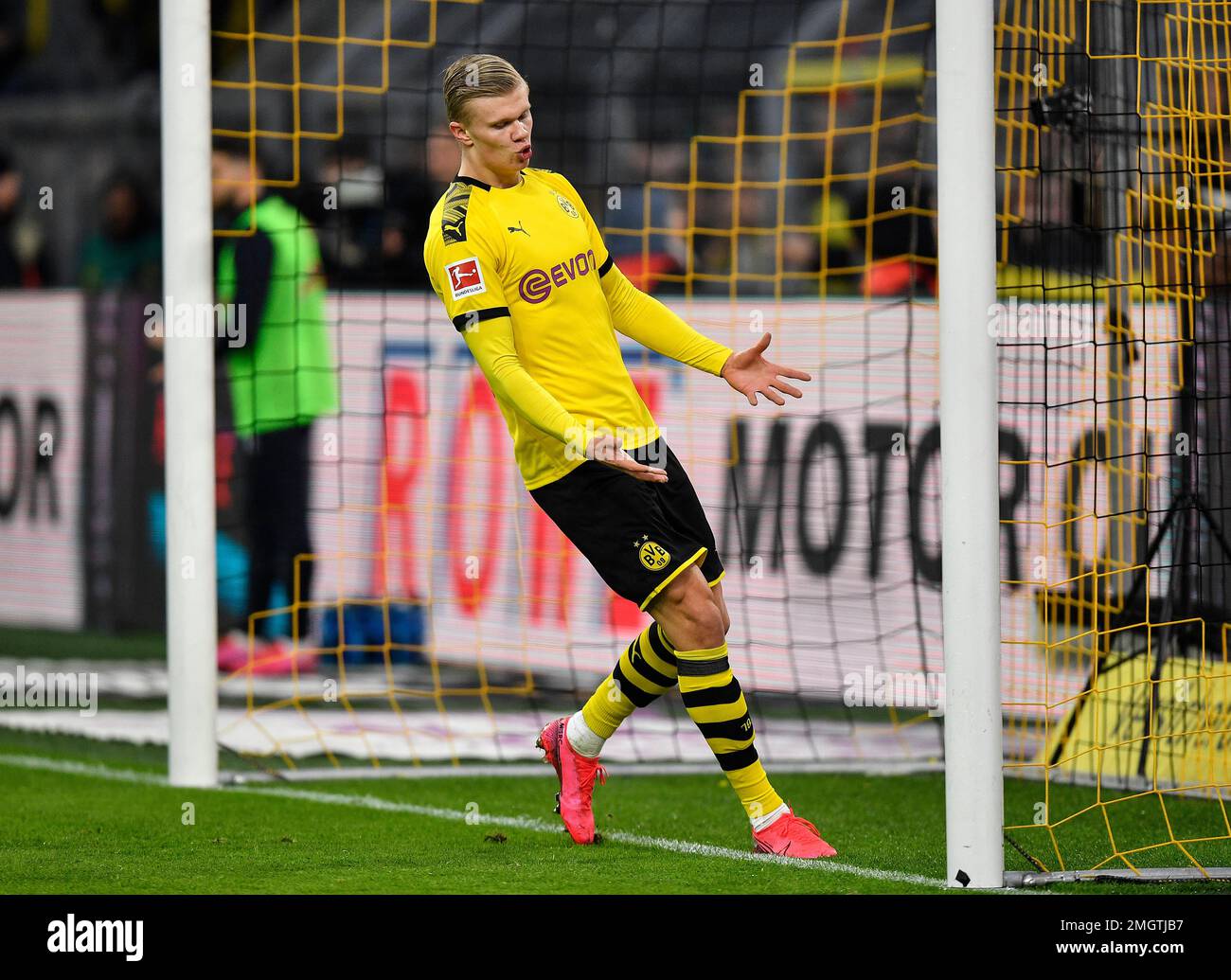 Dortmund's Erling Haaland reacts on the goal line during the German ...