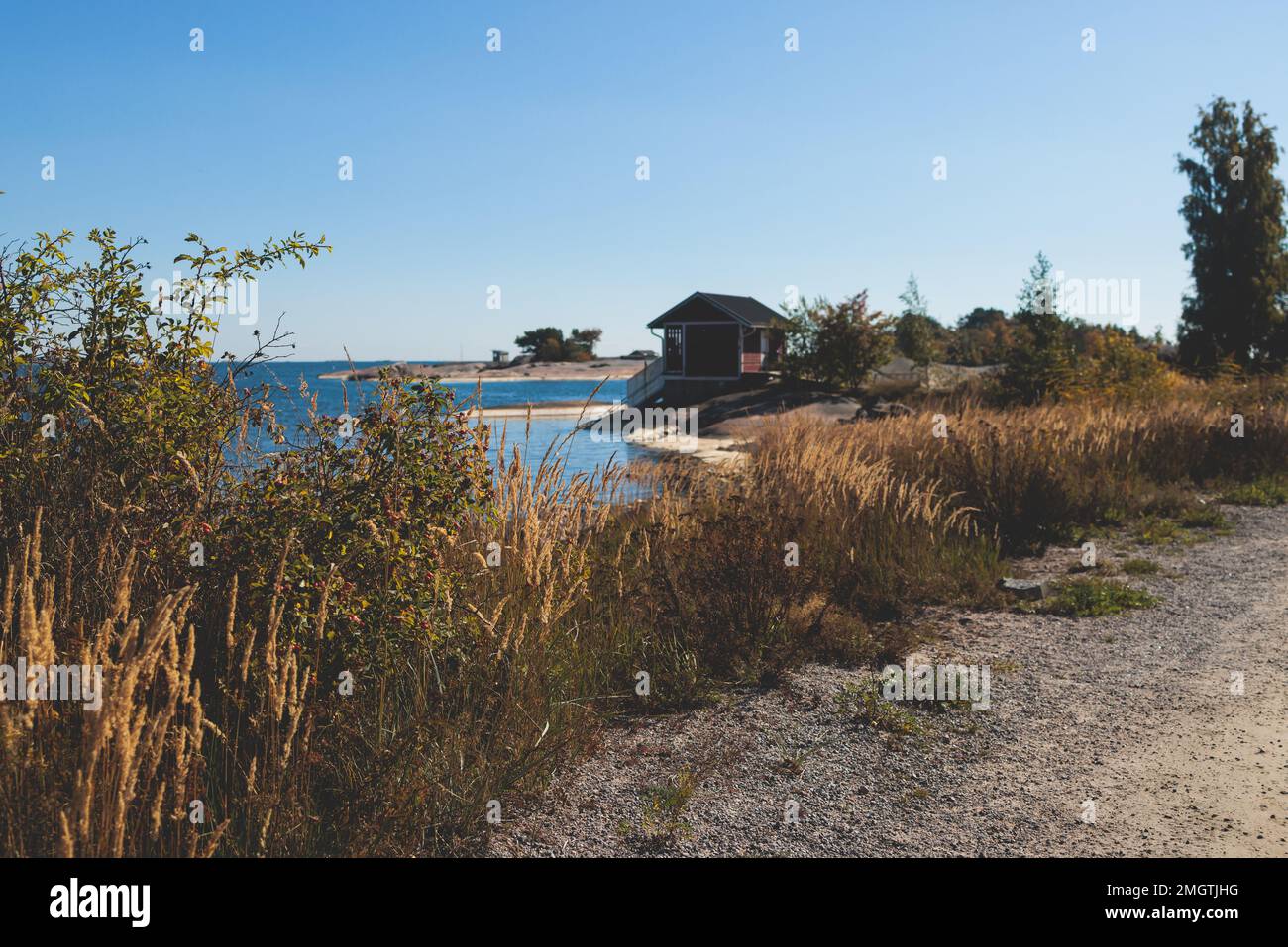 View of Hanko town coast, Hango, Finland, with beach and coastal ...