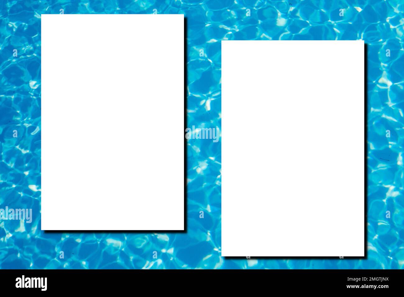 Ripple water texture on blue pool background and two white blank a4 ...