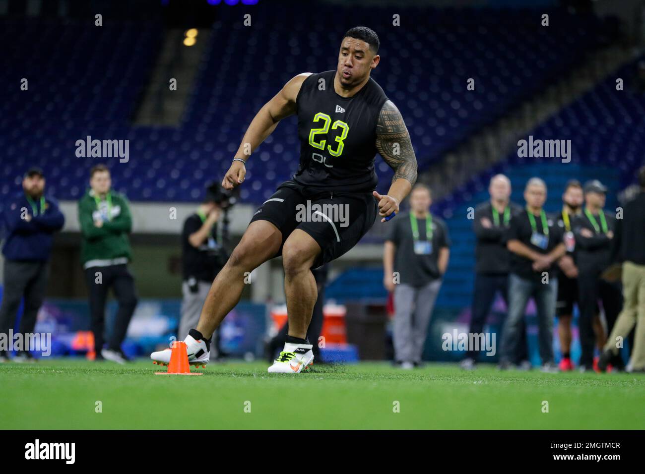 San Diego State offensive lineman Keith Ismael runs a drill at the NFL ...