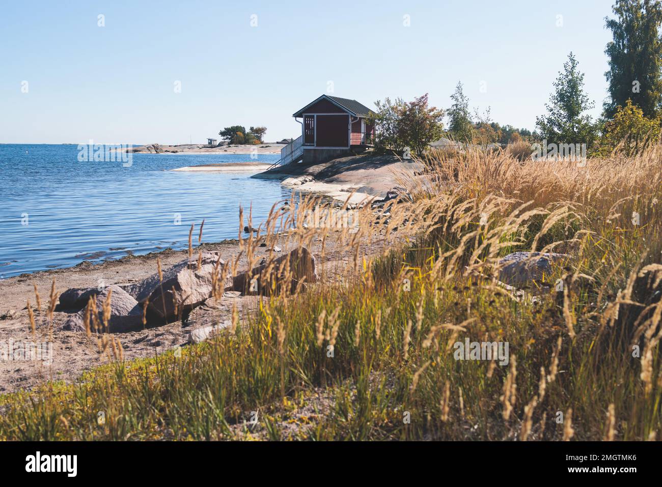 View of Hanko town coast, Hango, Finland, with beach and coastal ...