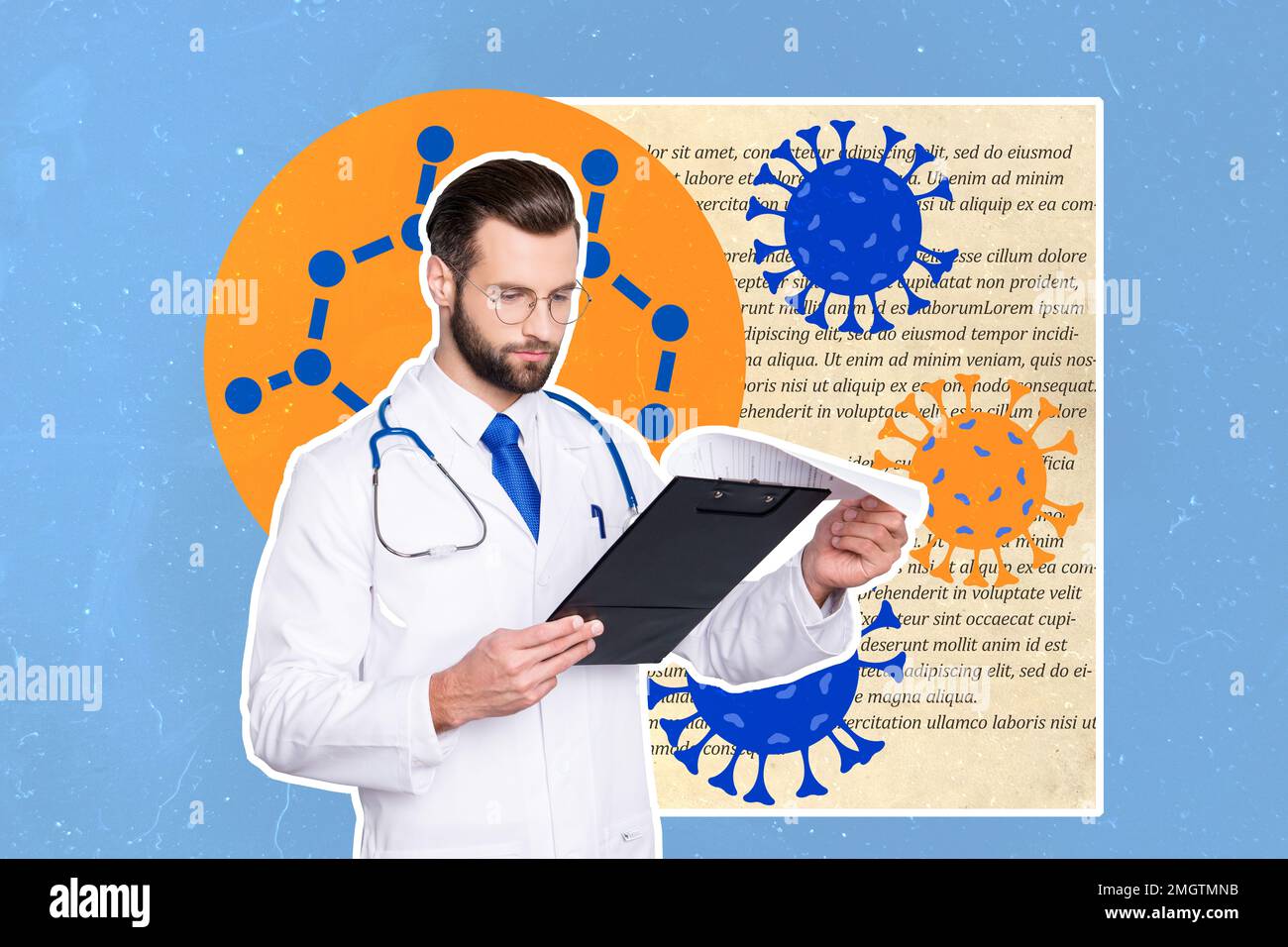 Creative 3d photo collage artwork graphics painting of serious doc reading patient diagnosis ...