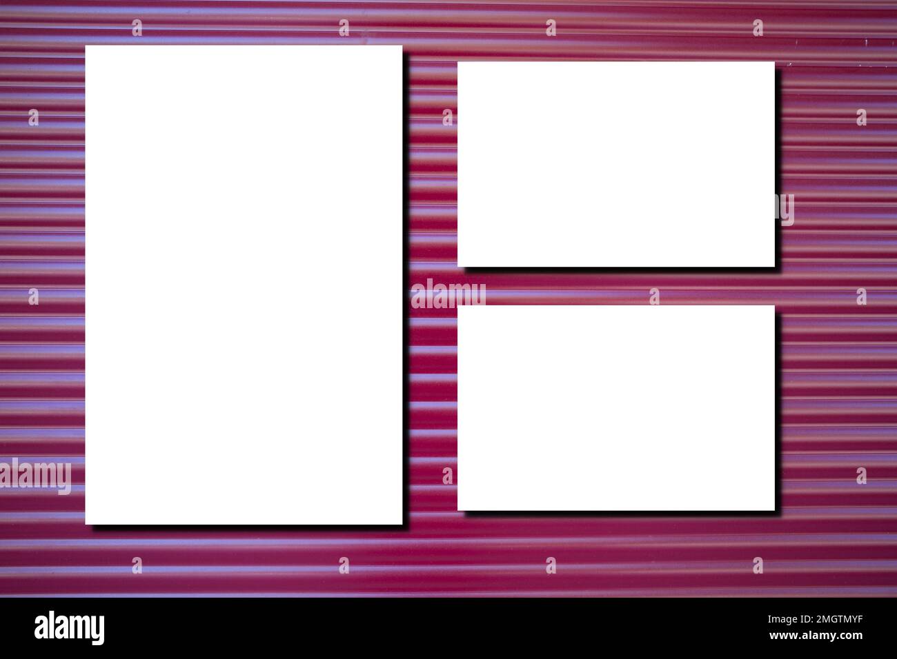 white three blank paper sheet with shadow on red pink wooden plank ...