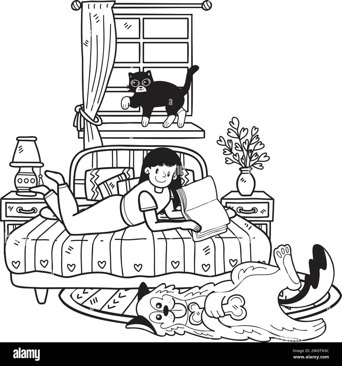 Hand Drawn owner is lying in the room reading a book with the dog and ...