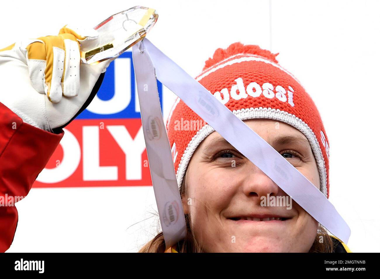 Winner Tina Hermann of Germany celebrates her gold medal on the podium ...