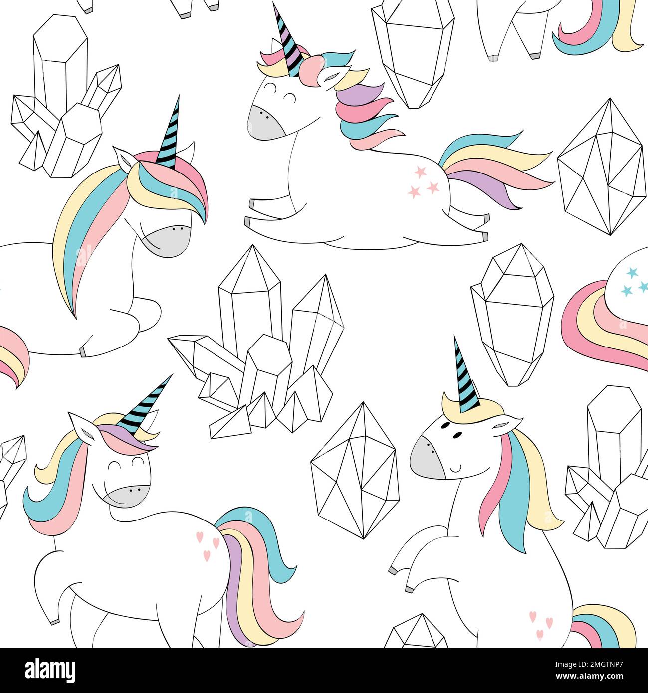 Vector seamless pattern with Magic cute unicorns and crystals Stock ...