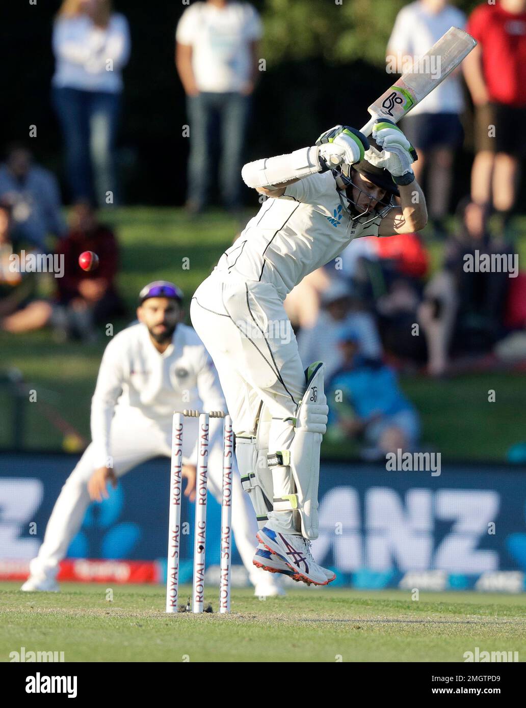 New Zealand's Tom Latham reacts while batting during play on day one of ...