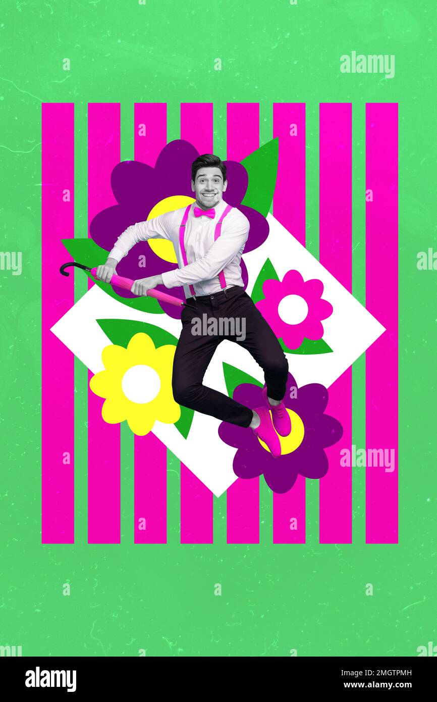 3d retro abstract creative collage template of smiling excited guy ...