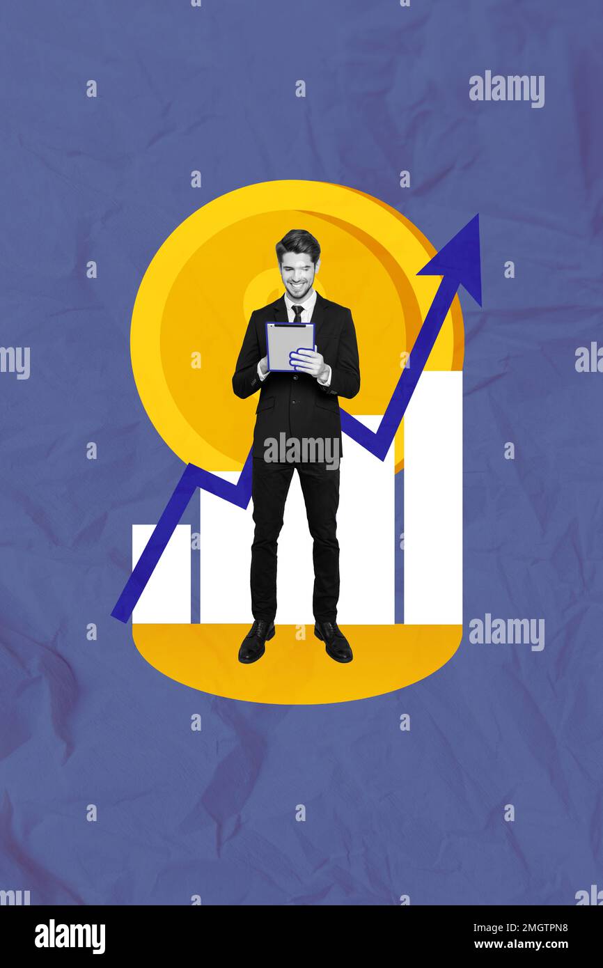 Creative retro 3d magazine collage image of busy smiling worker earning ...