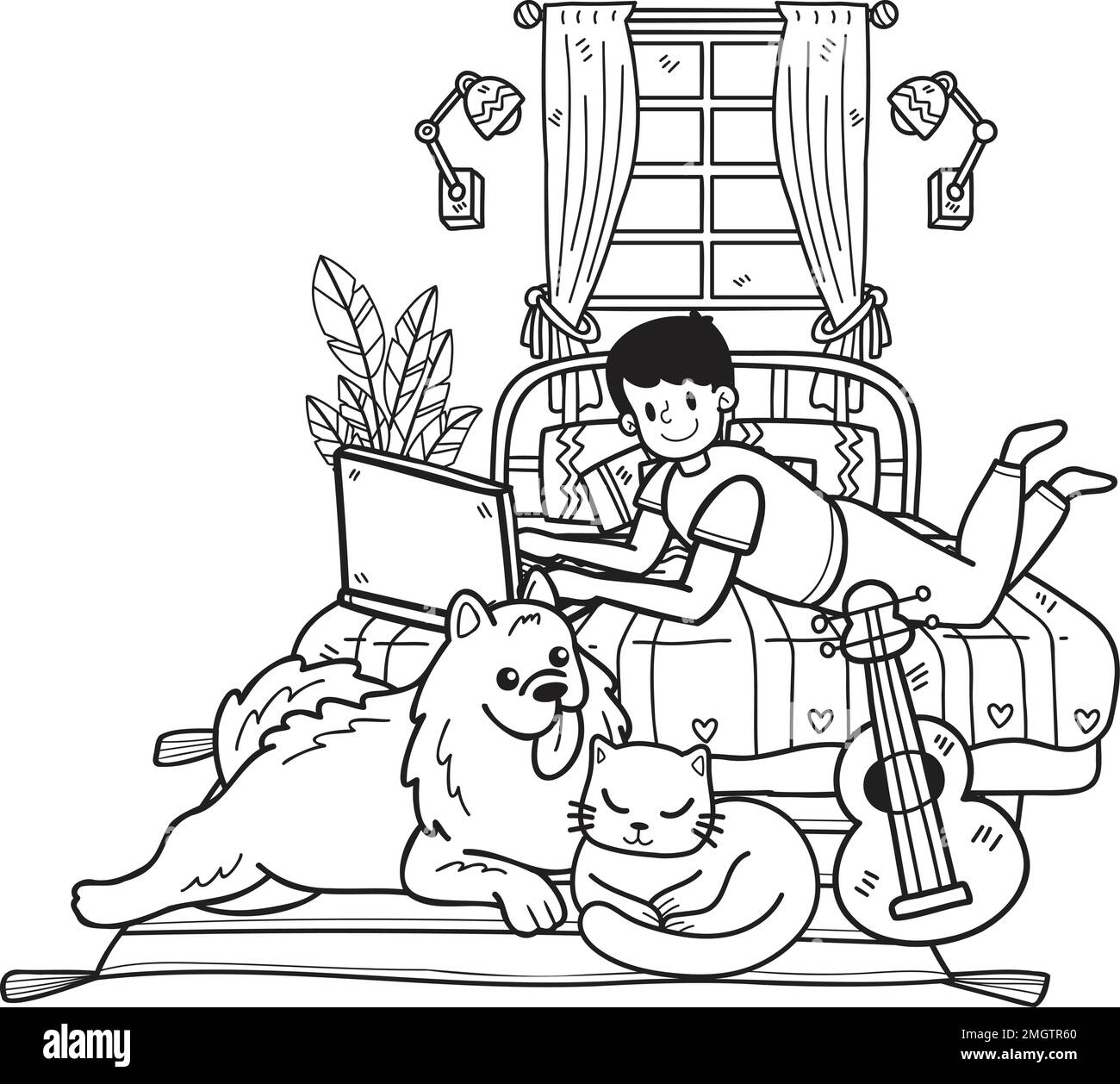 Hand Drawn Owner working on laptop with dog and cat in bedroom ...