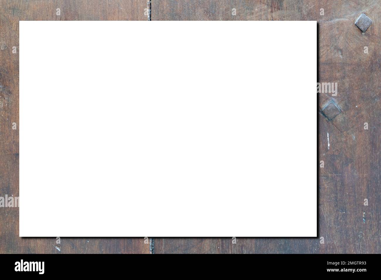 Blank mockup white paper sheet page on wooden desk plank background ...