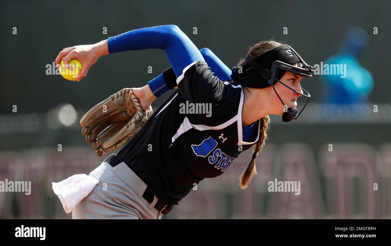 Indiana State's Gabbi Schnaiter throws to a batter during an NCAA ...
