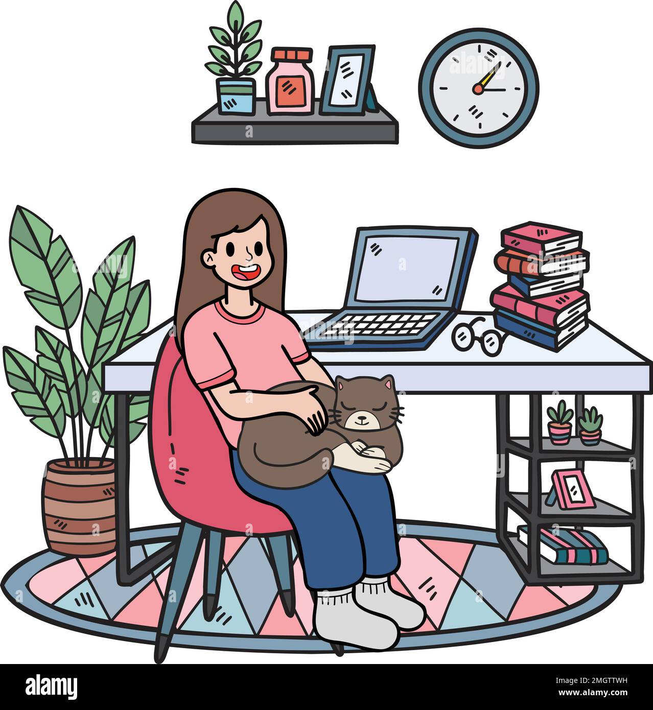 Hand Drawn The owner sits and hugs the cat in the office illustration ...