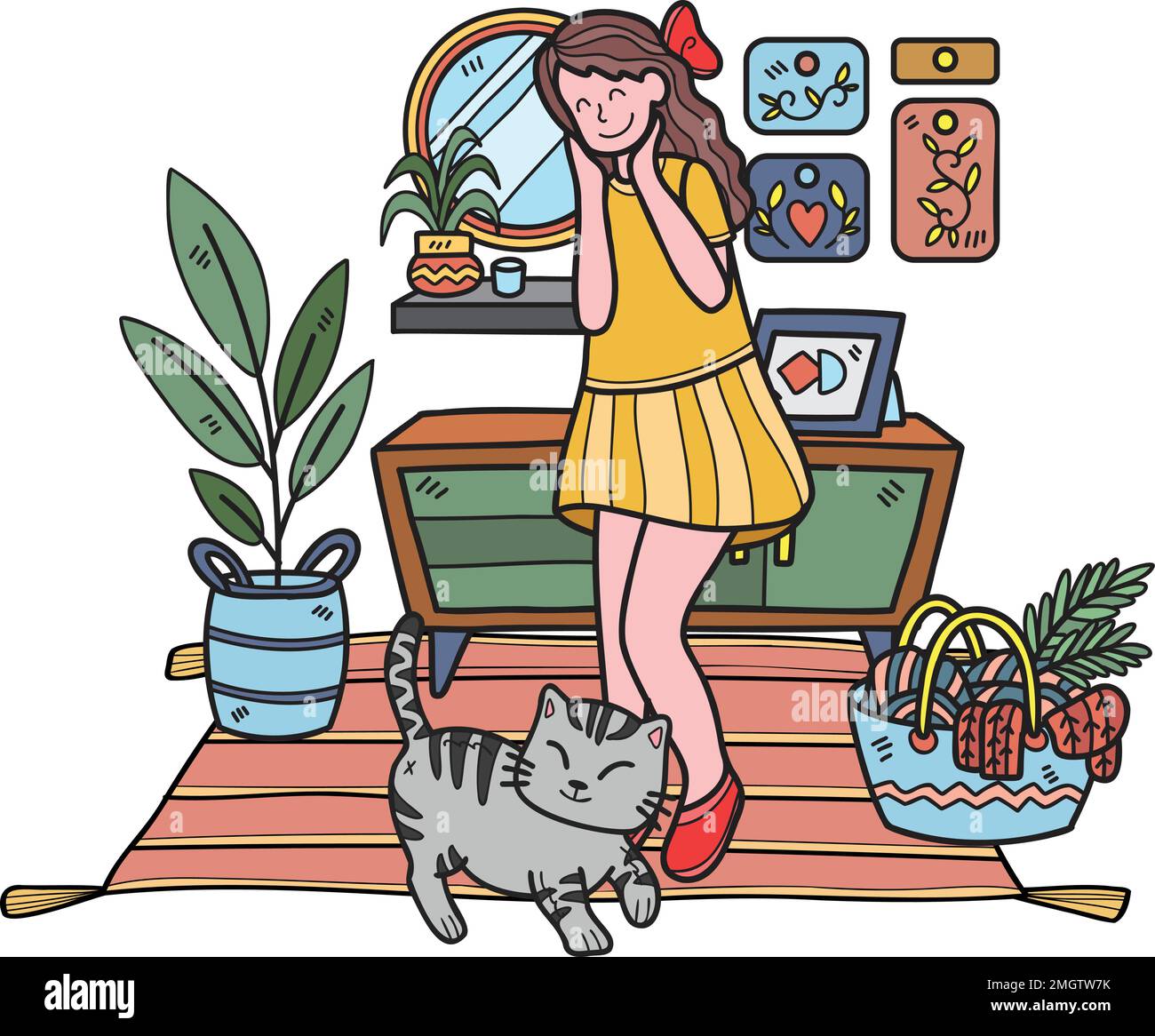 Hand Drawn The cat begs its owner in the living room illustration in ...