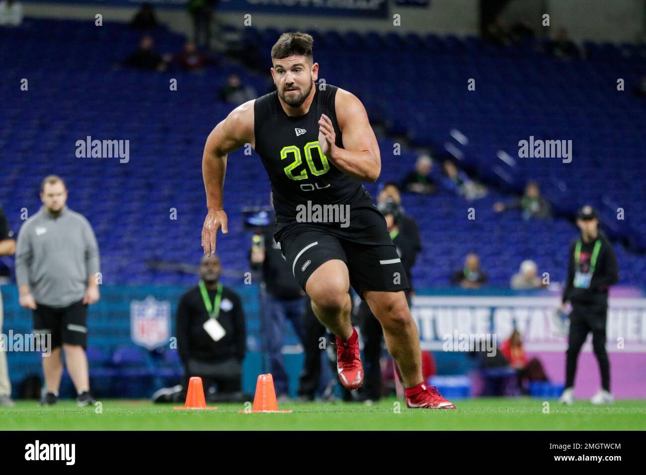 Temple offensive lineman Matt Hennessy runs a drill at the NFL football ...