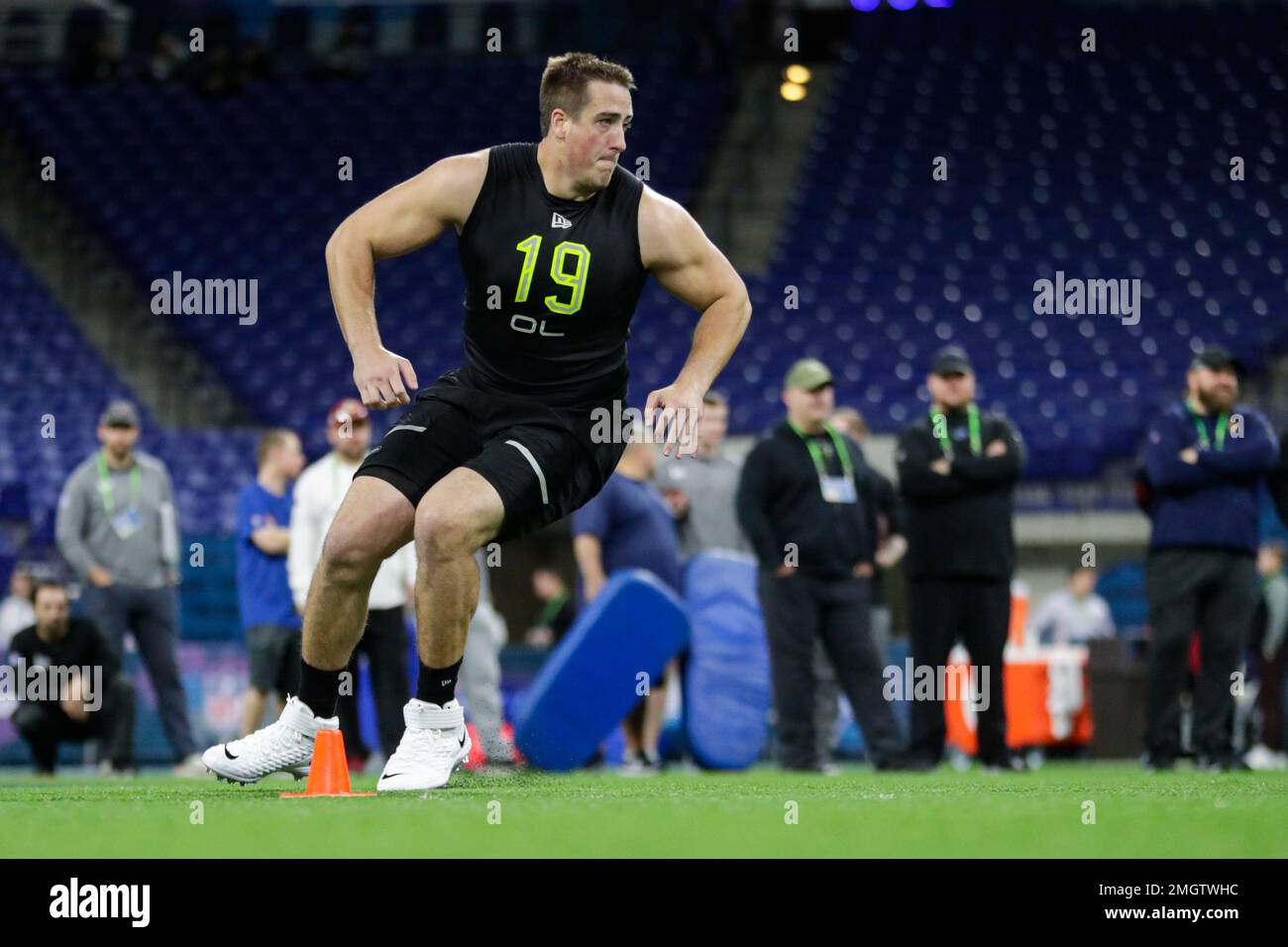 North Carolina offensive lineman Charlie Heck runs a drill at the NFL ...