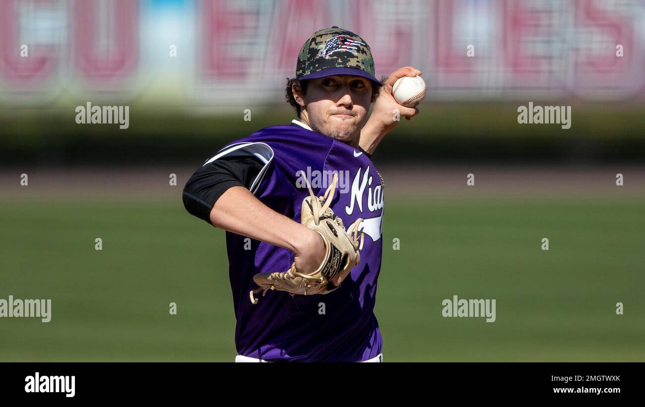 Niagara's Chaz DeLuca (7) pitches during an NCAA baseball game on ...