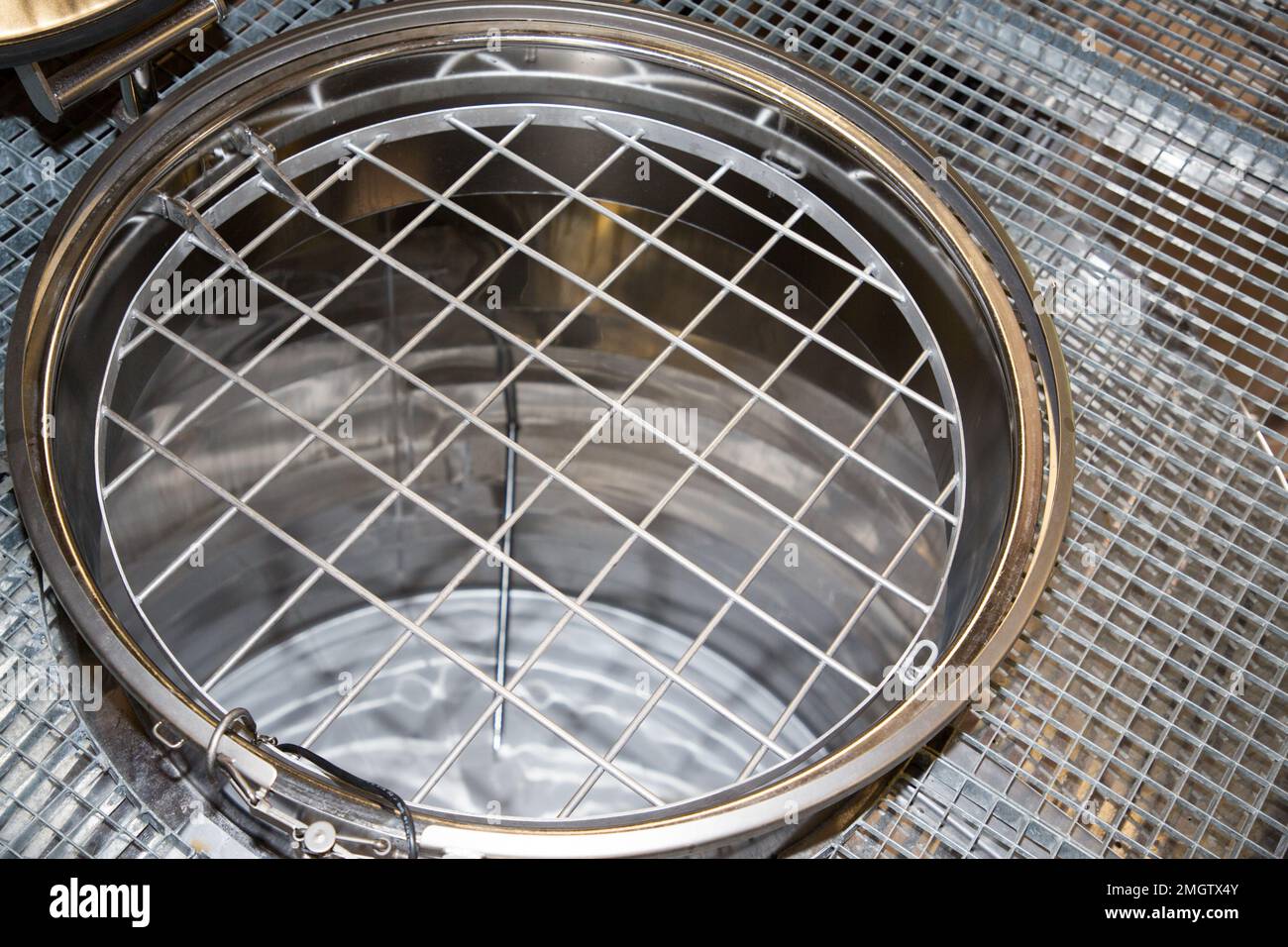 top view wine cellar with stainless steel tanks vats aluminum barrels ...