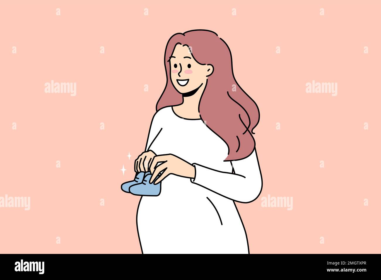 Smiling young pregnant woman holding baby shoes in hands excited about ...