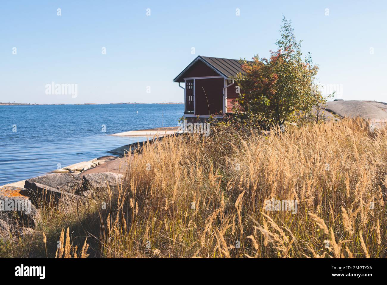 View of Hanko town coast, Hango, Finland, with beach and coastal ...