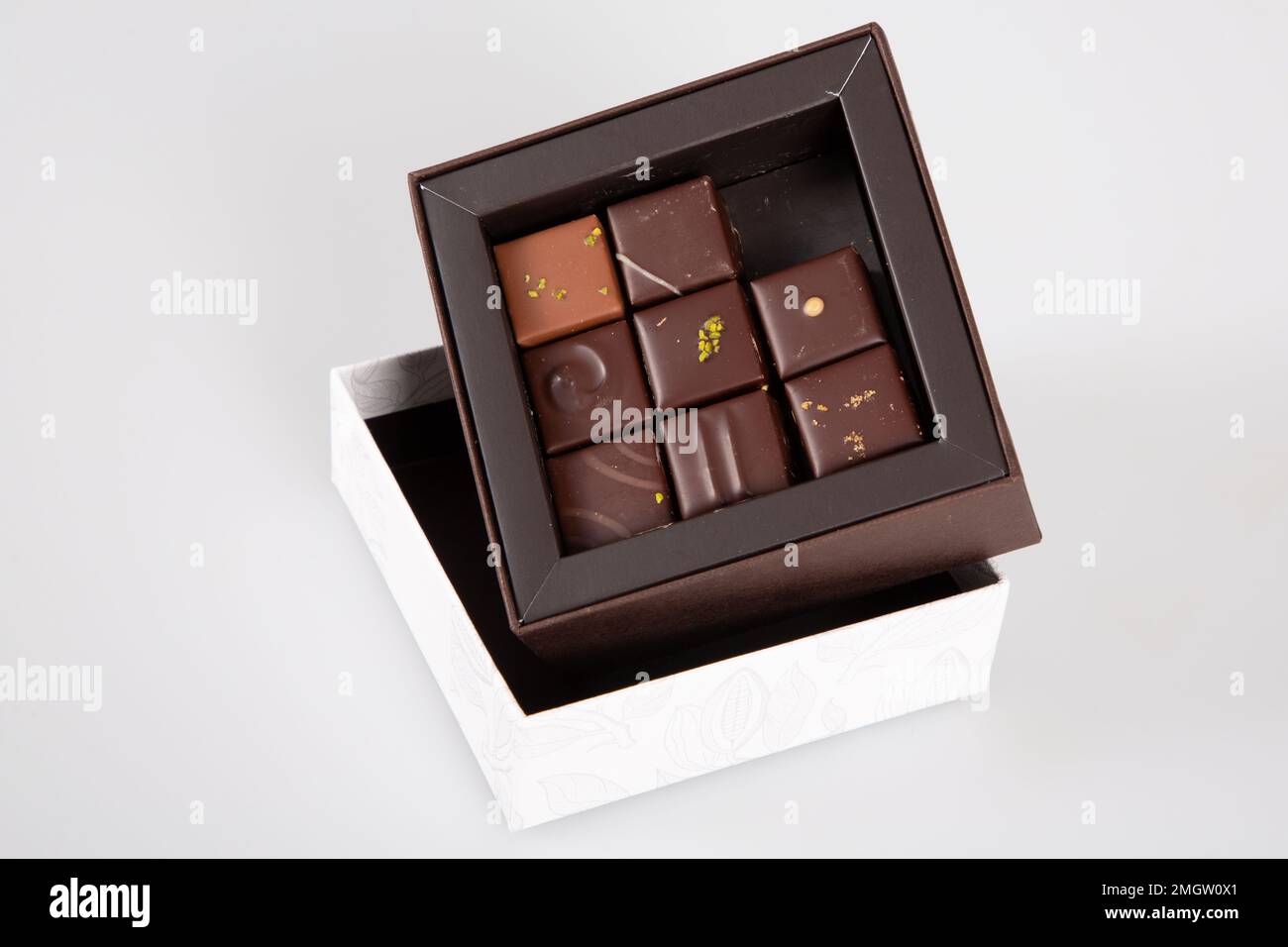 Assortment of fine variety chocolate pralines candies in little gift ...