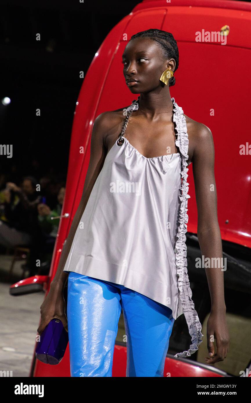 A model wears a creation for the Off White fashion collection during ...
