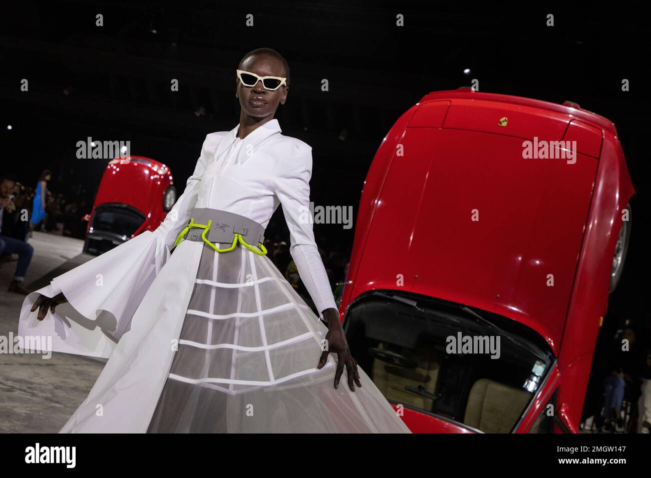 A model wears a creation for the Off White fashion collection during ...