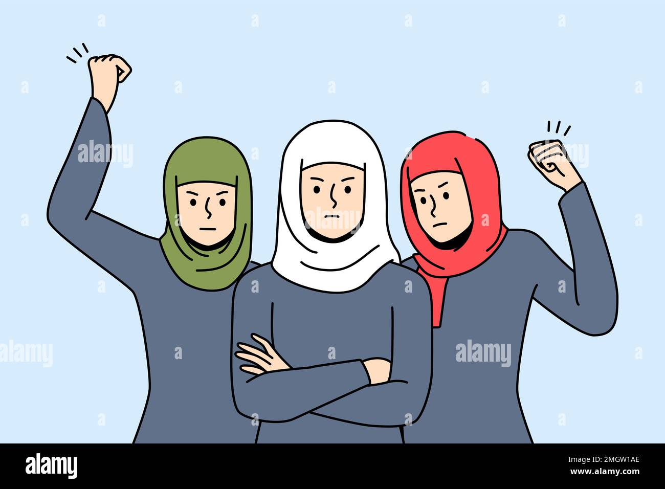 Decisive women in hijabs stand together for equality and rights. Angry ...
