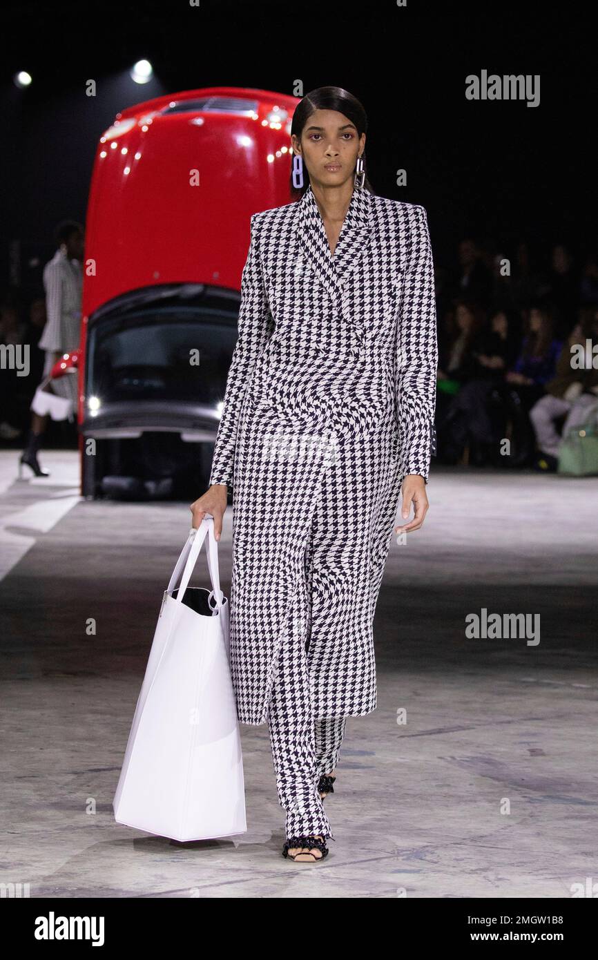 A model wears a creation for the Off White fashion collection during ...