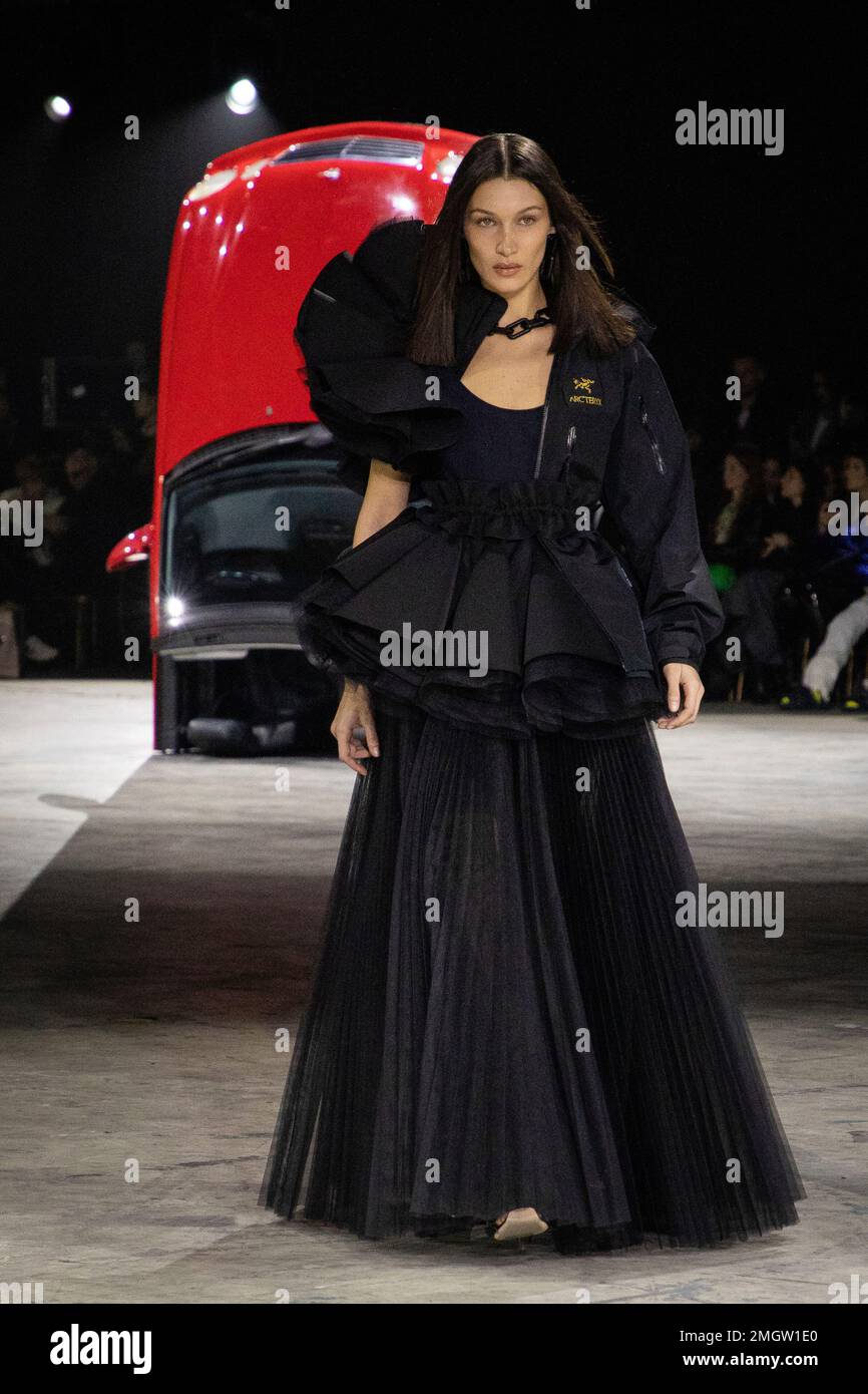 Model Bella Hadid wears a creation for the Off White fashion collection ...