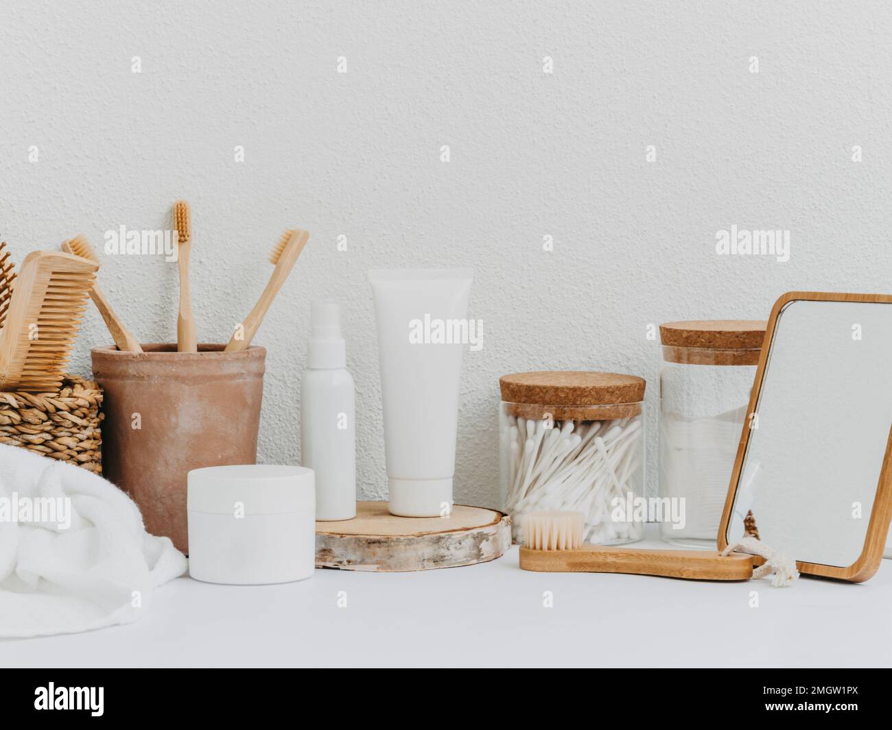 Bath background front view with straw box, container with toothbrushes ...