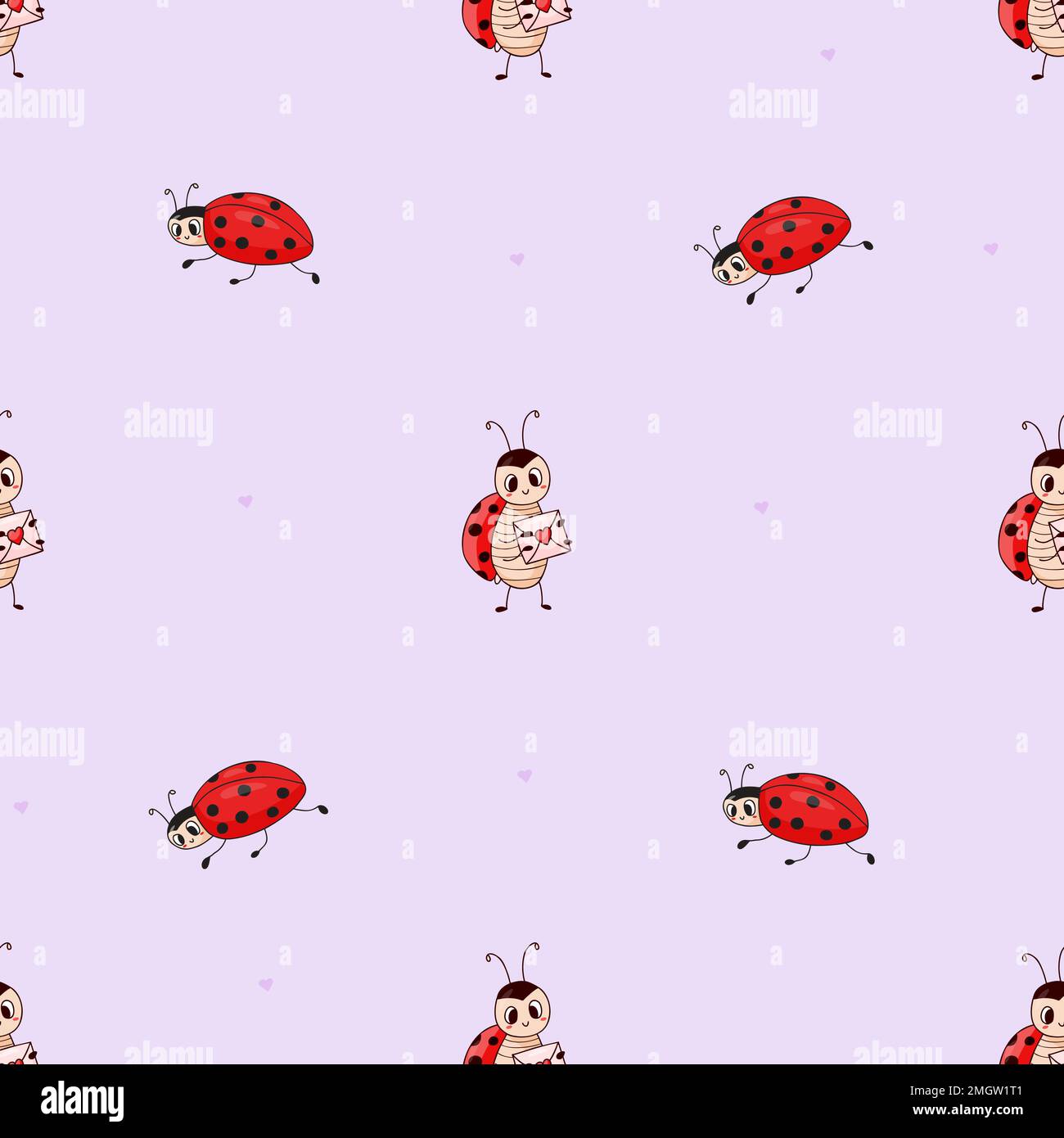 Seamless pattern with cute ladybugs with love letter on purple ...