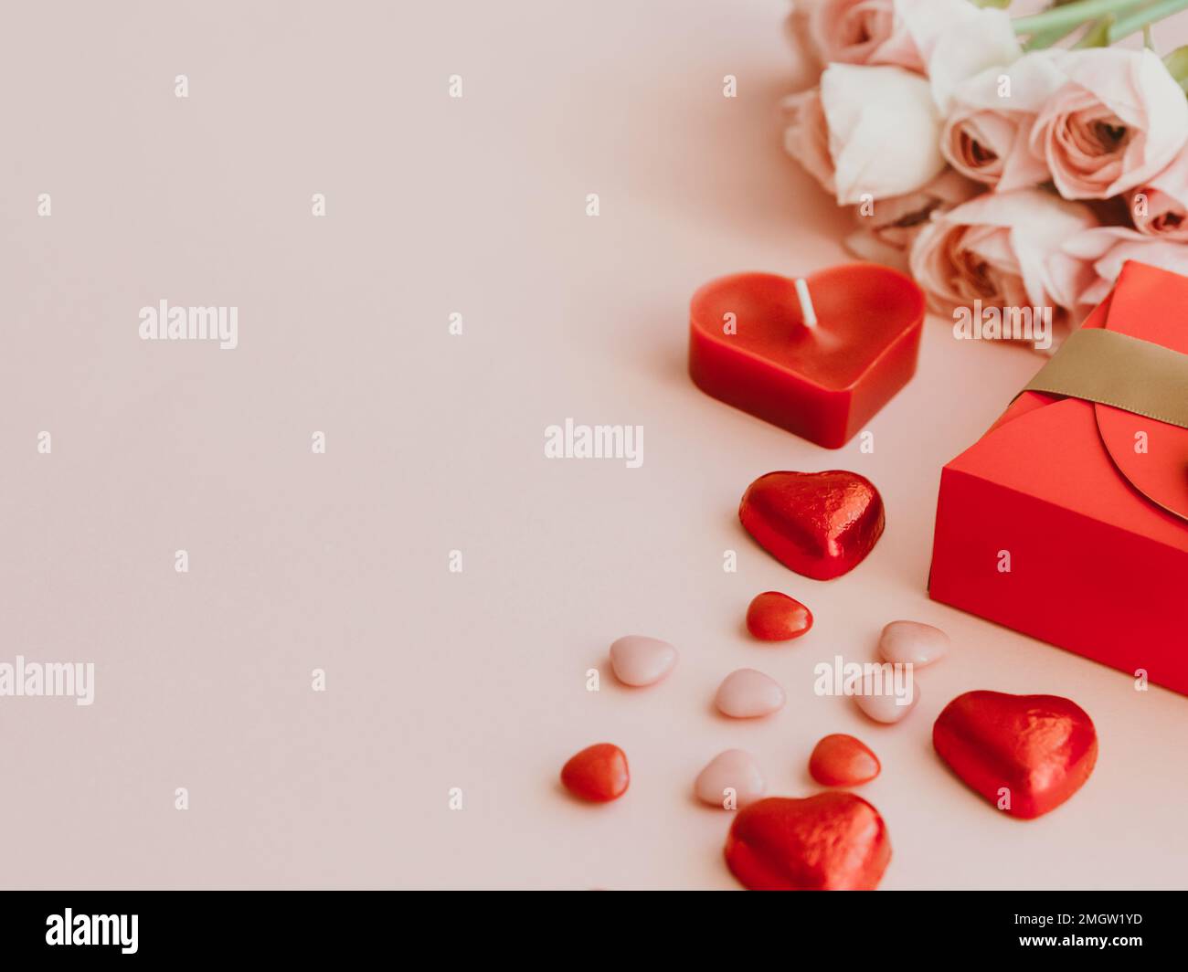 Pink blossoming ranunculus on pink festive background, red candles ...