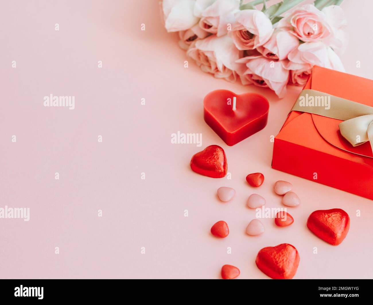 Pink blossoming ranunculus on pink festive background, red candles ...