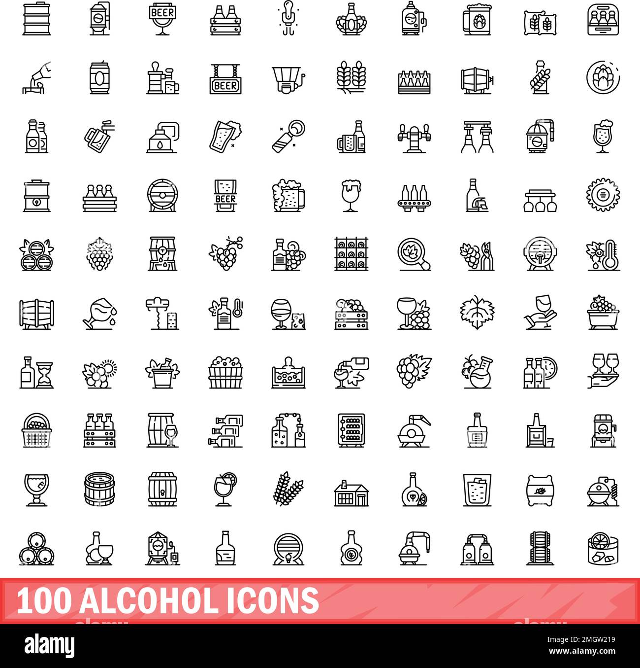 100 alcohol icons set. Outline illustration of 100 alcohol icons vector ...
