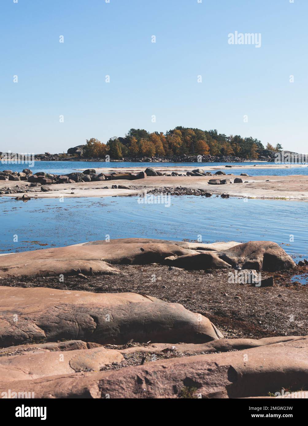 View of Hanko town coast, Hango, Finland, with beach and coastal ...