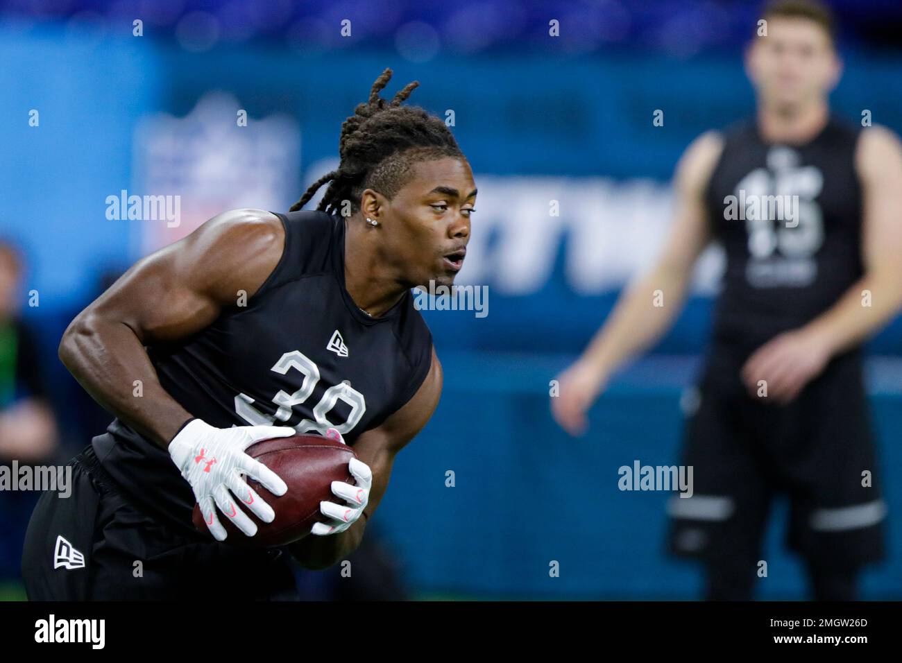 Miami wide receiver K J Osborn runs a drill at the NFL football ...