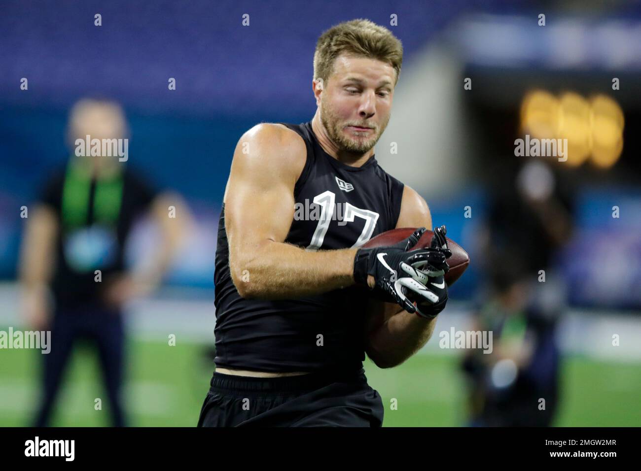 Dayton tight end Adam Trautman runs a drill at the NFL football ...